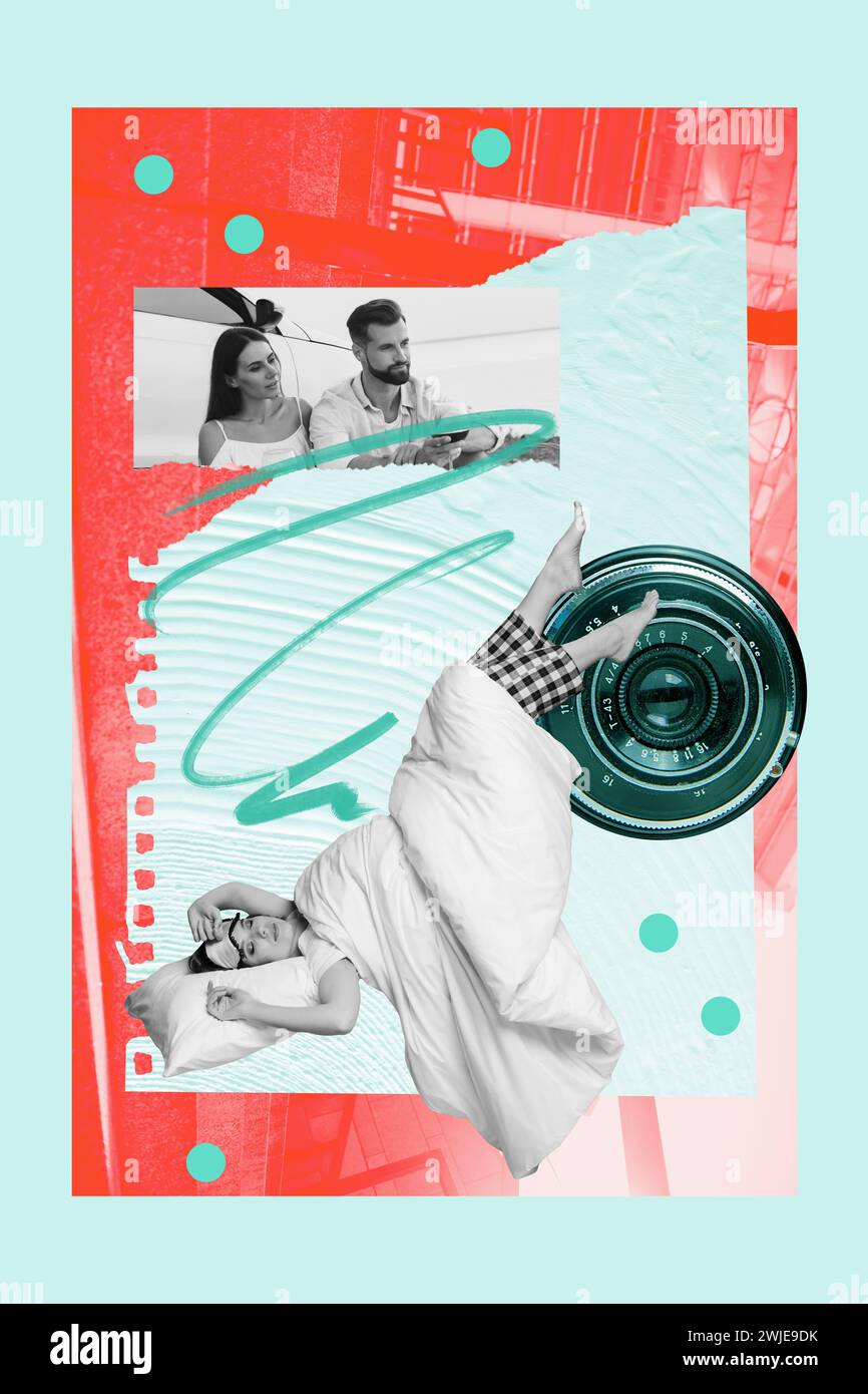 Vertical collage image of black white effect girl sleep photo camera ...