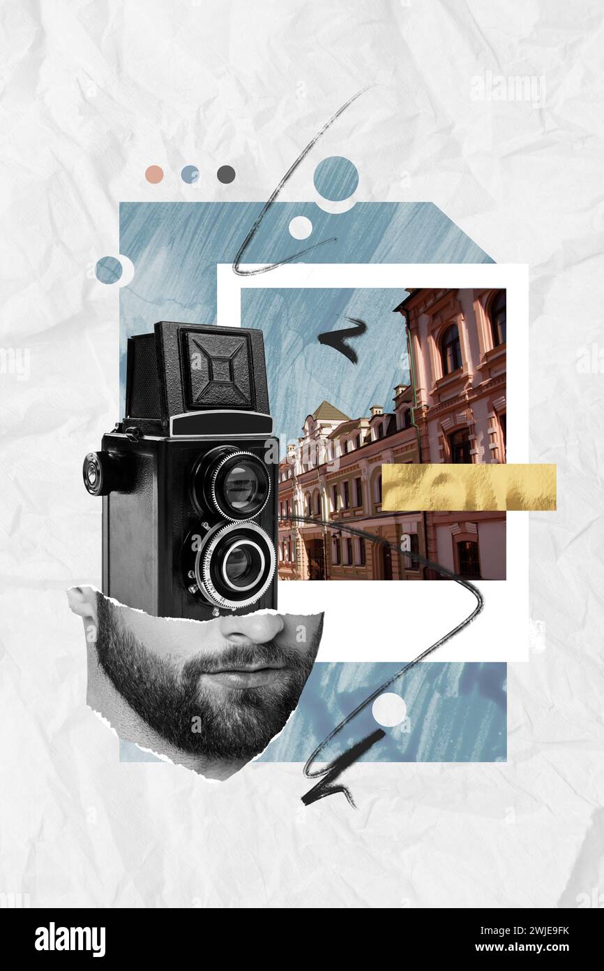 Vertical collage of black white colors cropped guy face vintage photo ...