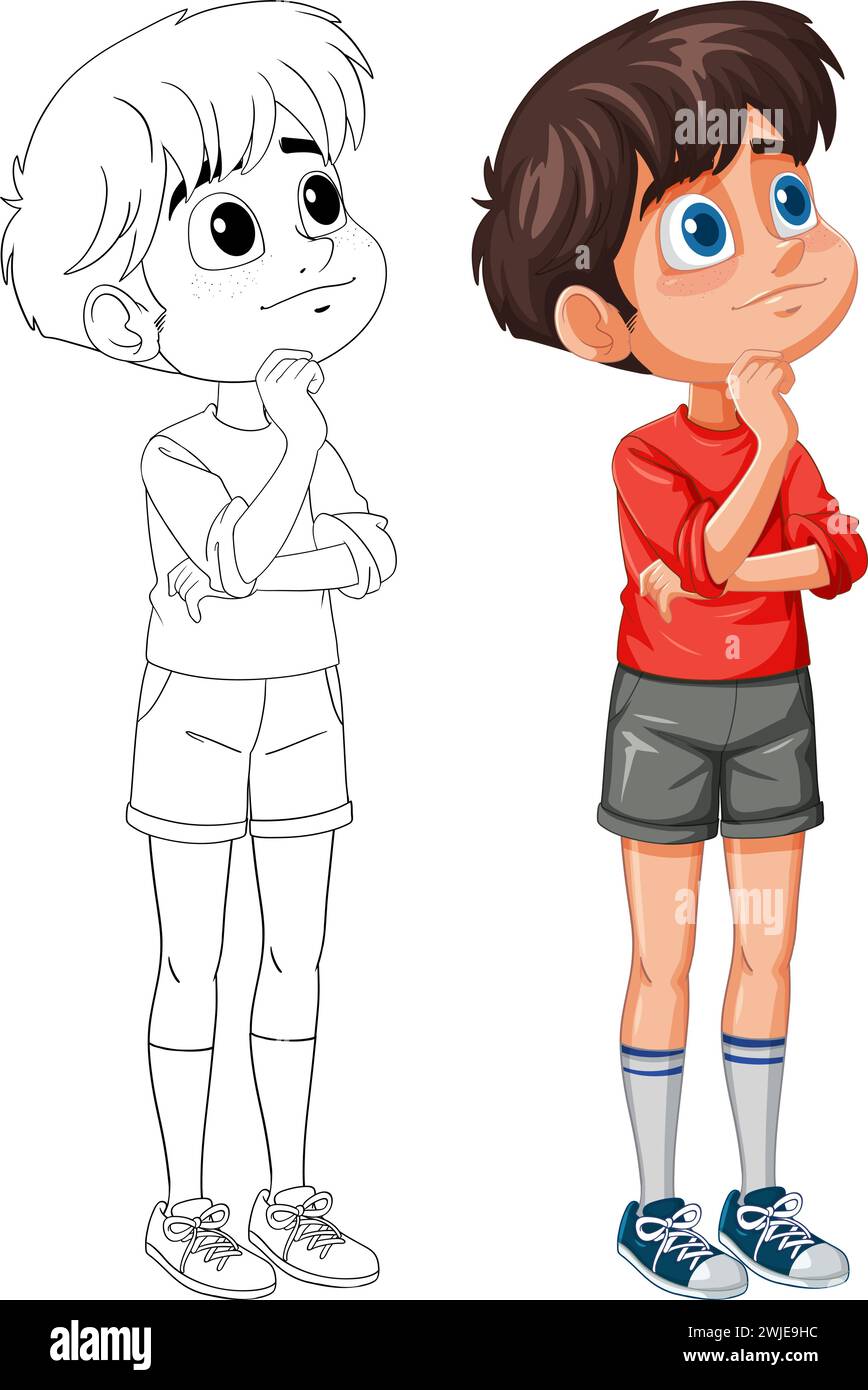 Two cartoon boys thinking, one colored, one sketched Stock Vector Image ...