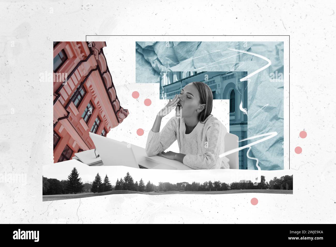 Collage picture of black white colors tired bored girl yawning work ...