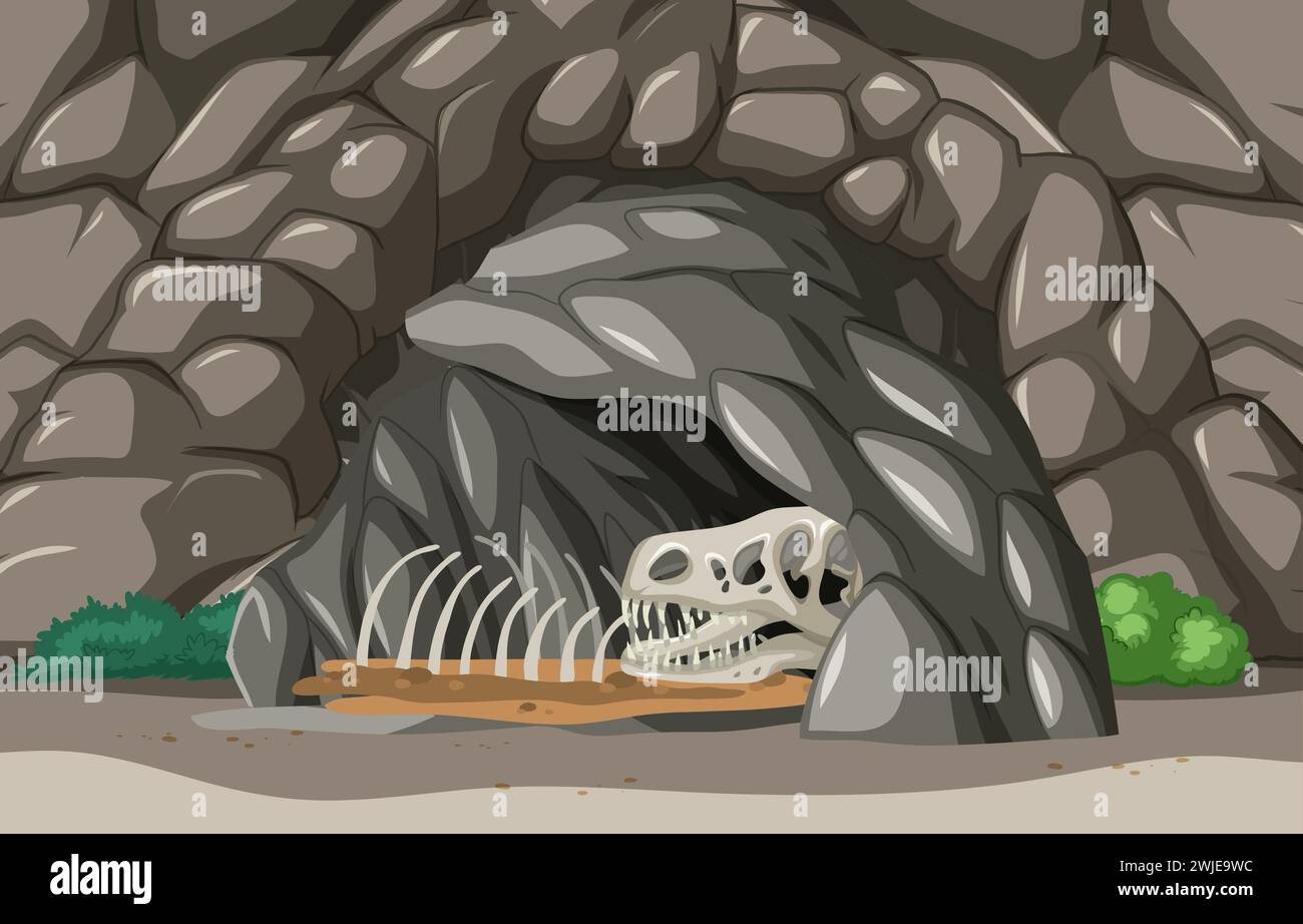 Dinosaur skeleton resting inside a rocky cave Stock Vector Image & Art ...