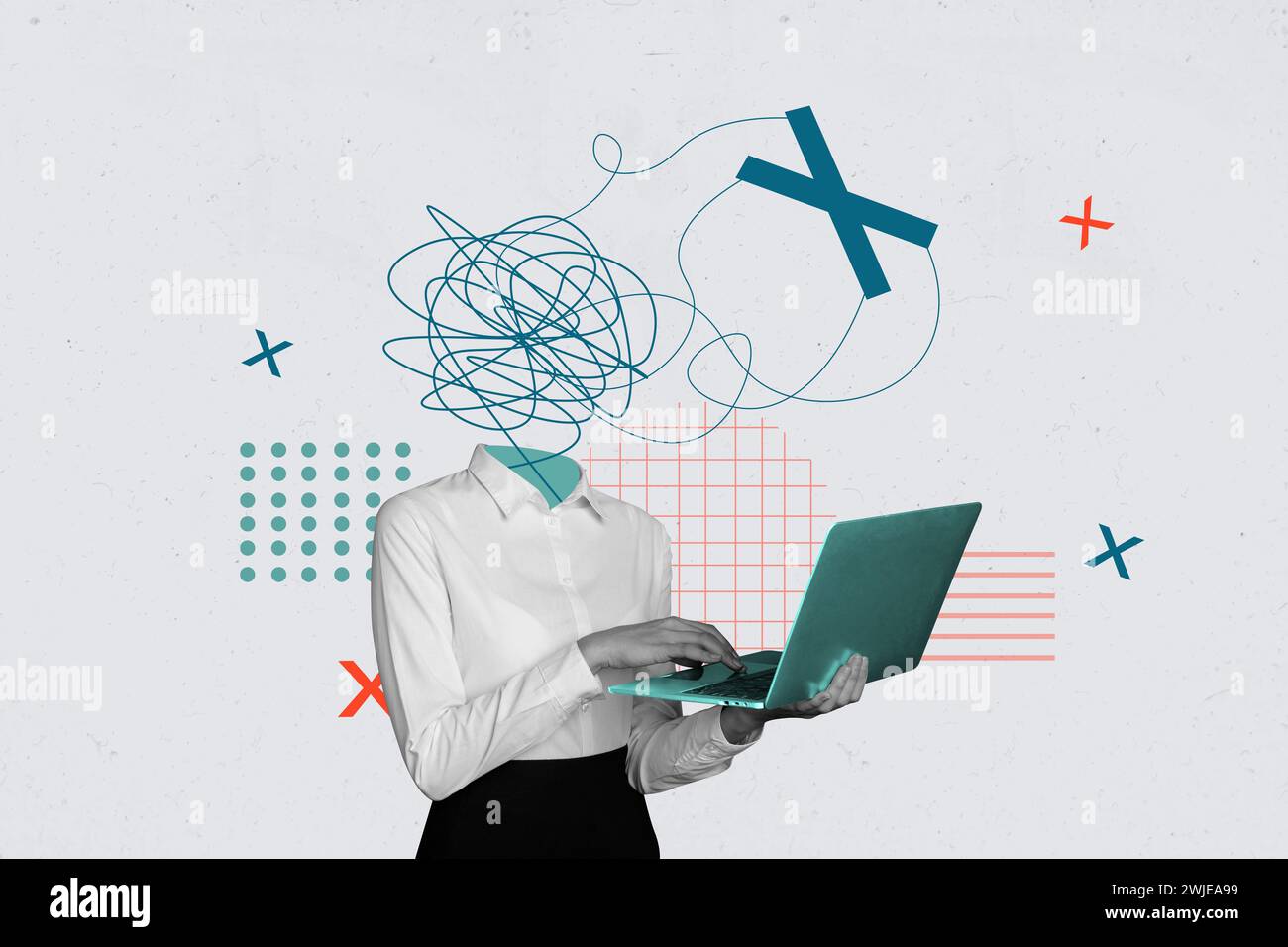 Photo collage image standing young businesswoman browsing laptop mass ...