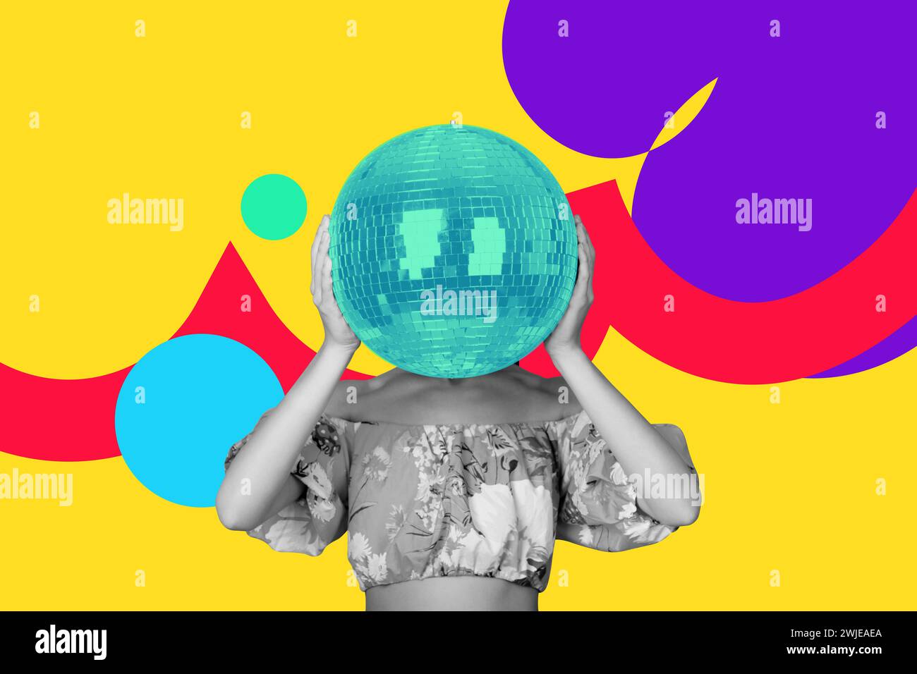 Creative drawing collage picture of funny female cover hide face disco ...