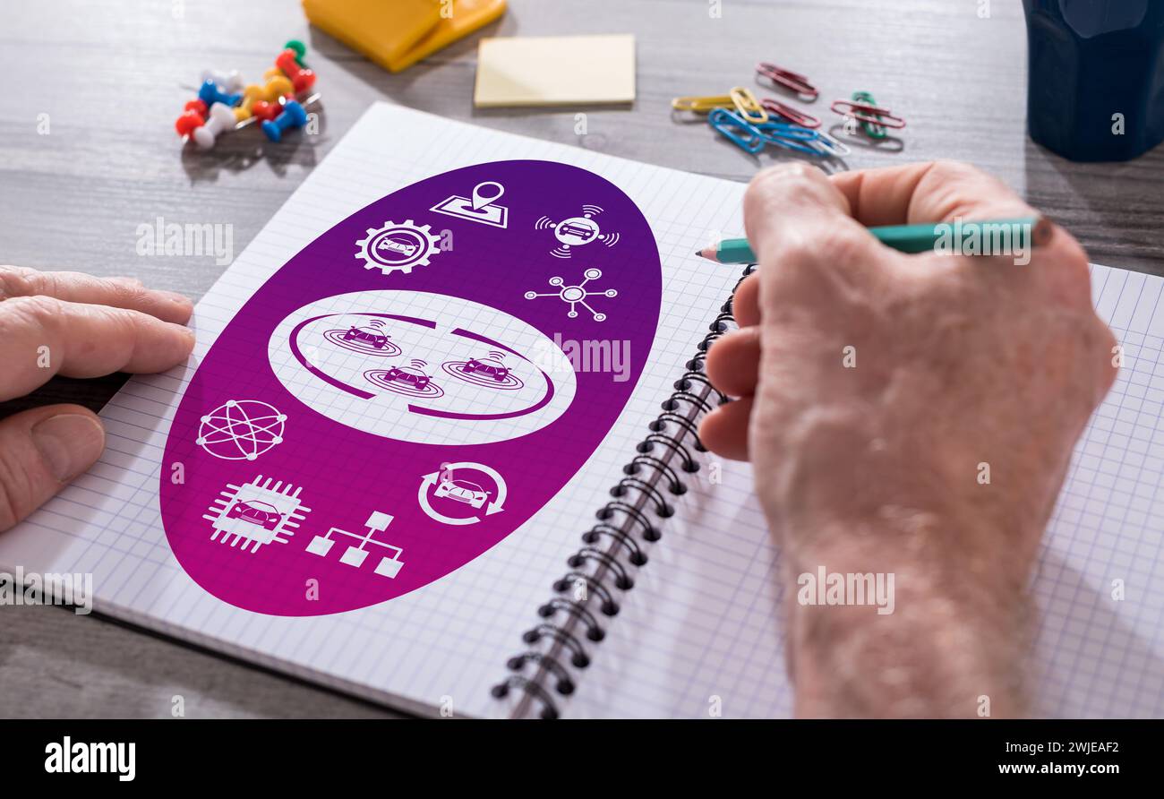 Hand drawing connected cars concept on a notepad Stock Photo - Alamy