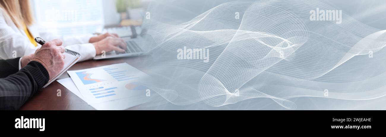 Two business people working together in office; panoramic banner Stock ...