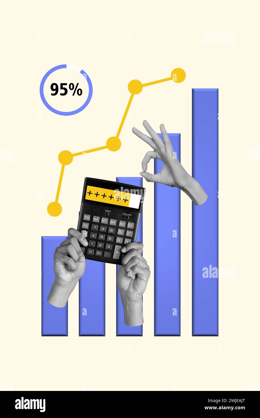 Vertical creative collage poster showing calculator increase numbers profit earnings progress ...