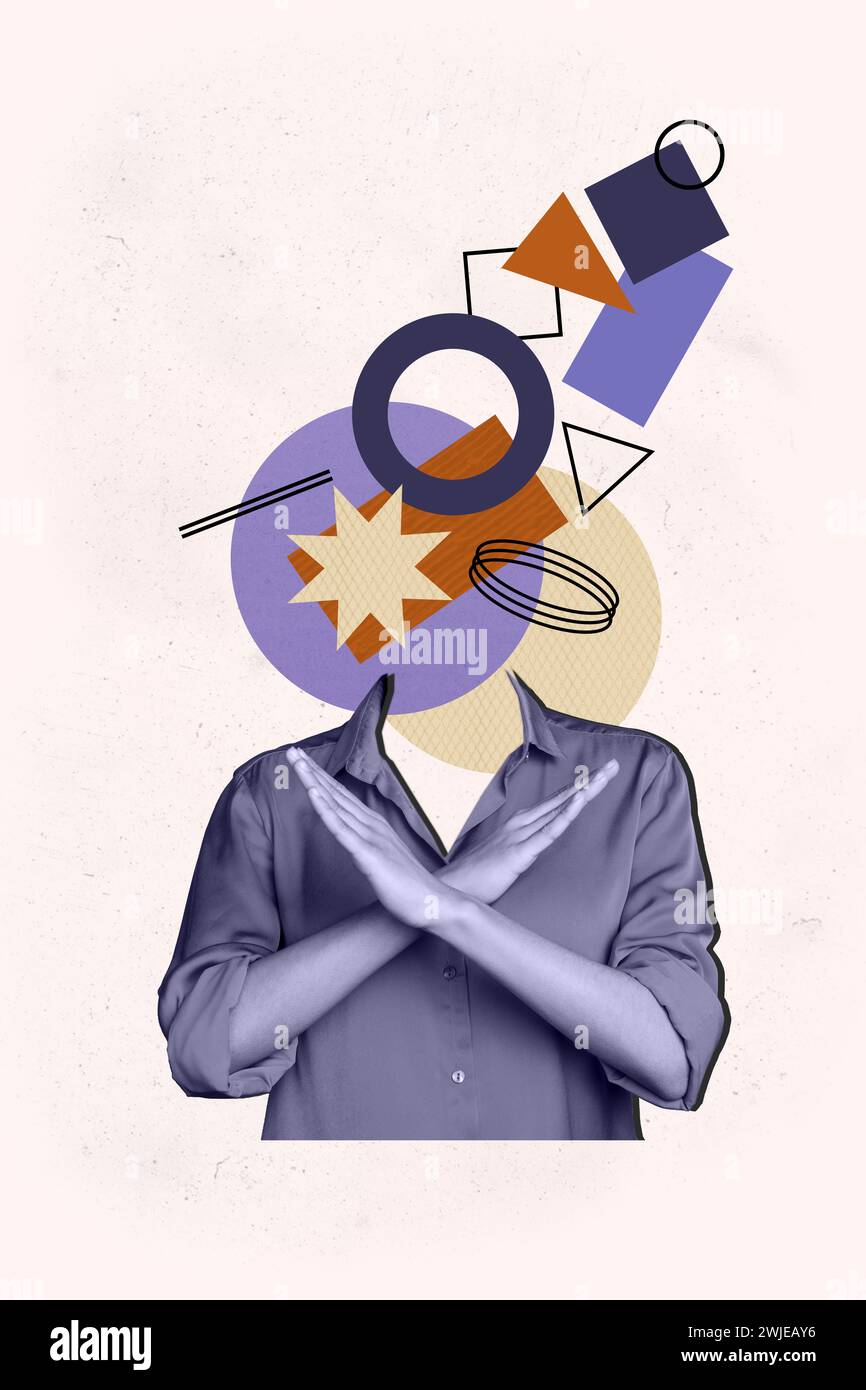 Vertical collage picture standing person showing stop gesture crossed ...