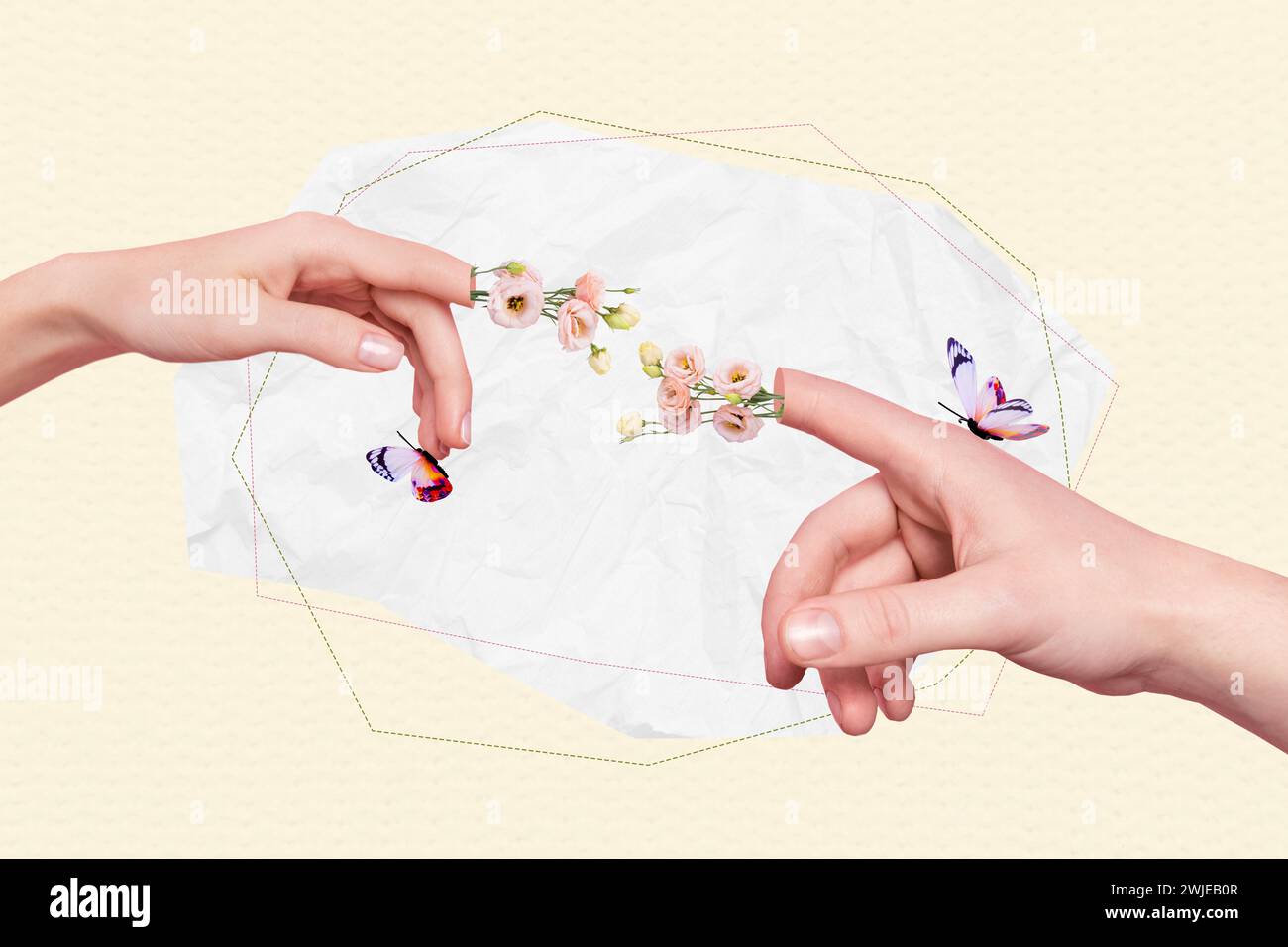 Creative poster collage illustration two hands touch each other flowers ...