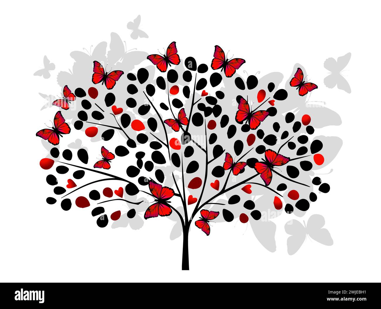 Tree with butterflies and hearts. hand drawing. Not AI, Vector ...