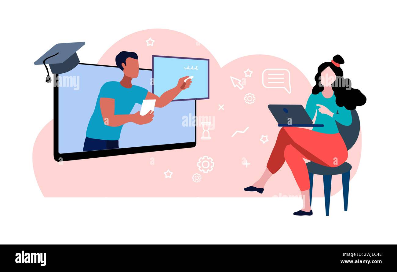 Online learning. Male teacher teaching adult female student. Professor ...