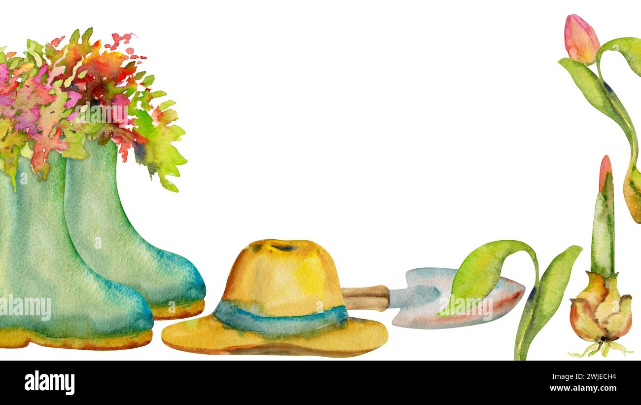 Hand drawn watercolor illustration spring gardening tools, rubber boots ...