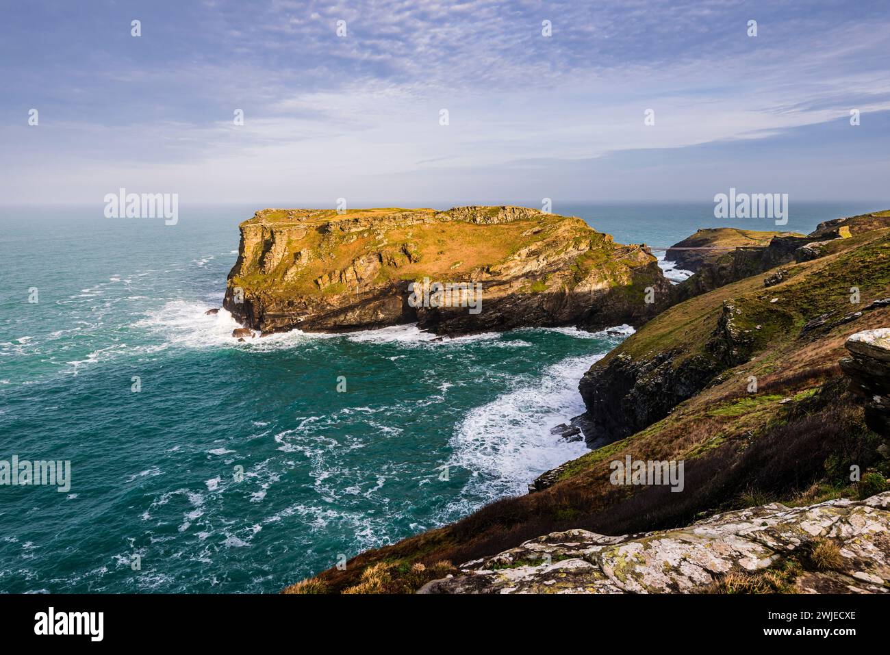 Early morning view over Tintagel Island from Glebe Cliff, Tintagel ...