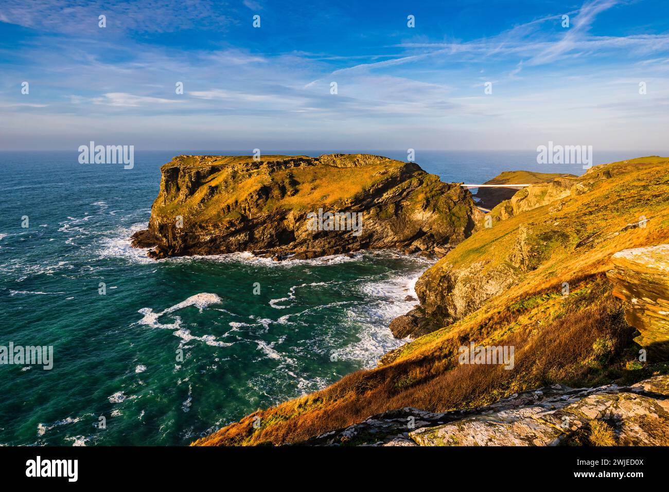 Late afternoon view over Tintagel Island from Glebe Cliff, Tintagel ...