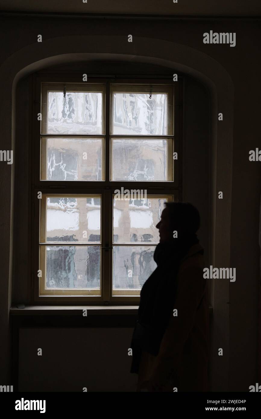 Leipzig, Germany. 14th Feb, 2024. View of an old window in the historic coffee house "Zum ...