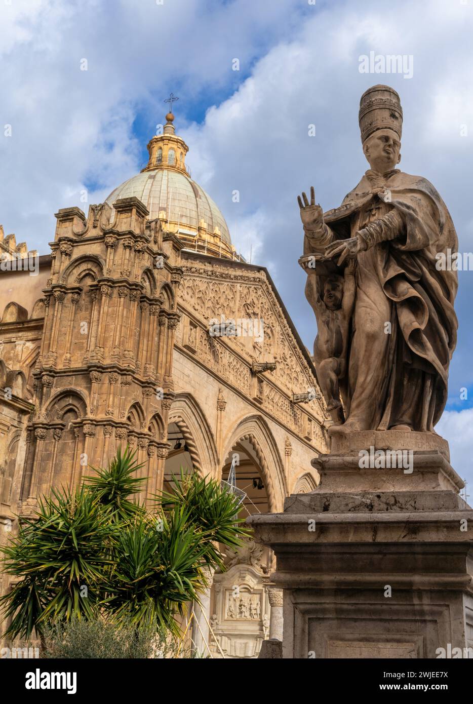 Palermo, Italy - 13 January, 2024: vertical view of a bishop statue and ...