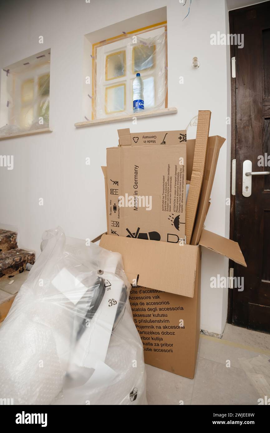 Paris, France - Jun 8, 2020: A cluttered room during moving day or ...
