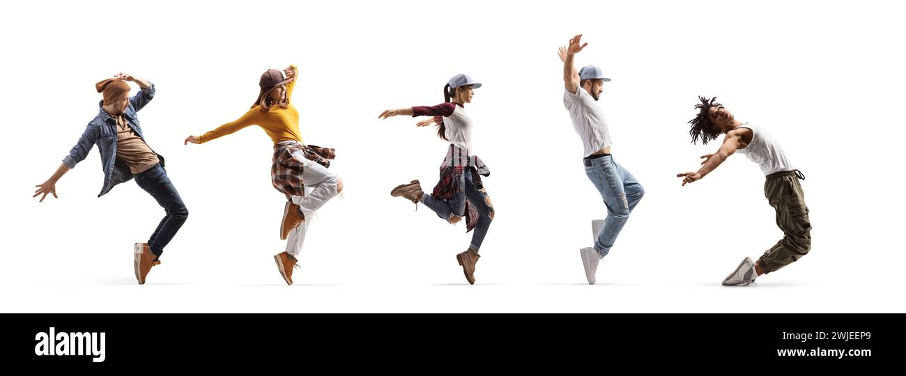 Group of young people dancing one behind other isolated on white ...