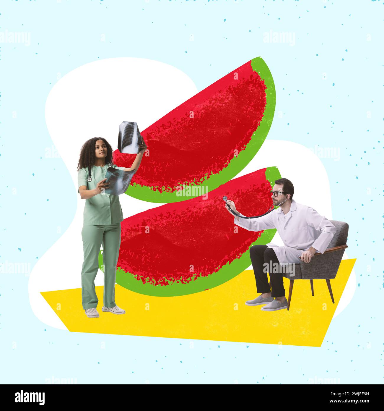 Contemporary art collage. Health professional examining an X-ray, and ...