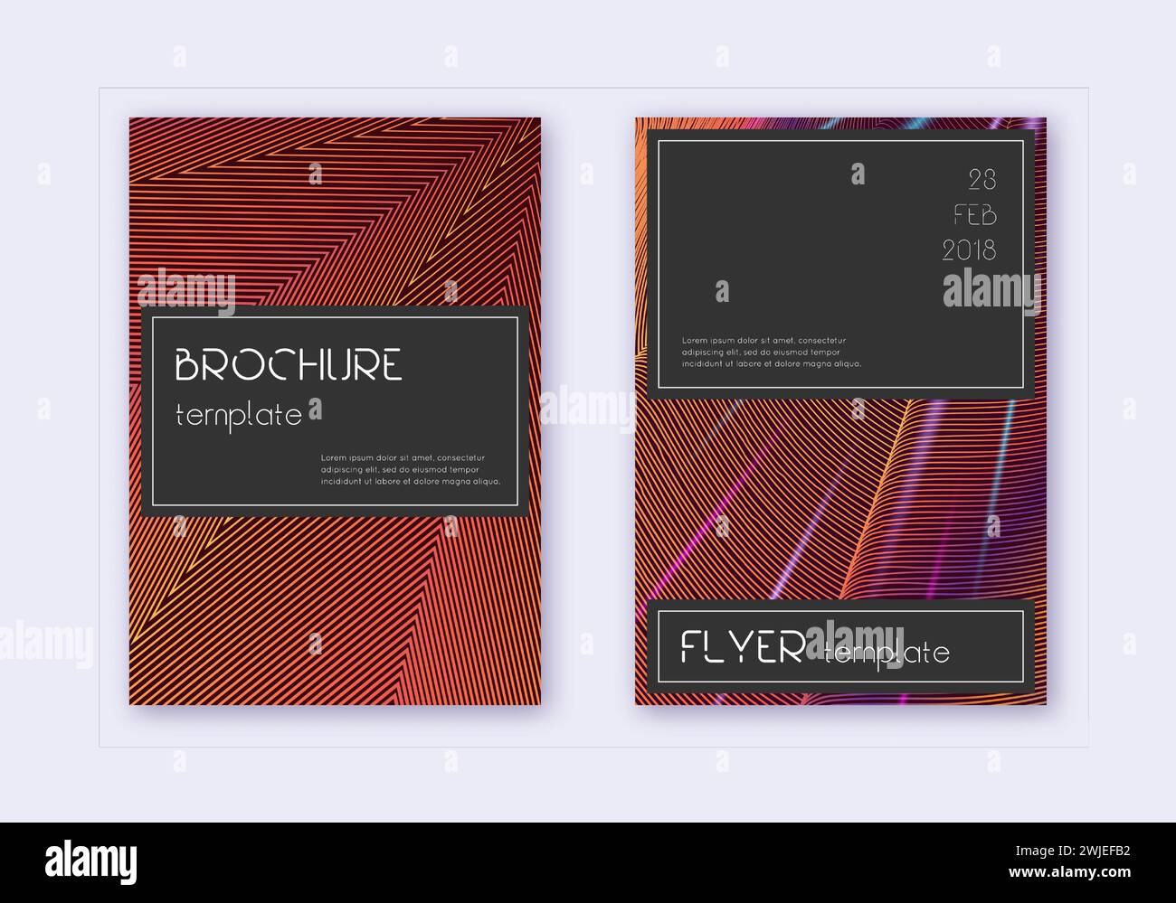 Black cover design template set. Orange abstract lines on wine red background. Admirable cover ...