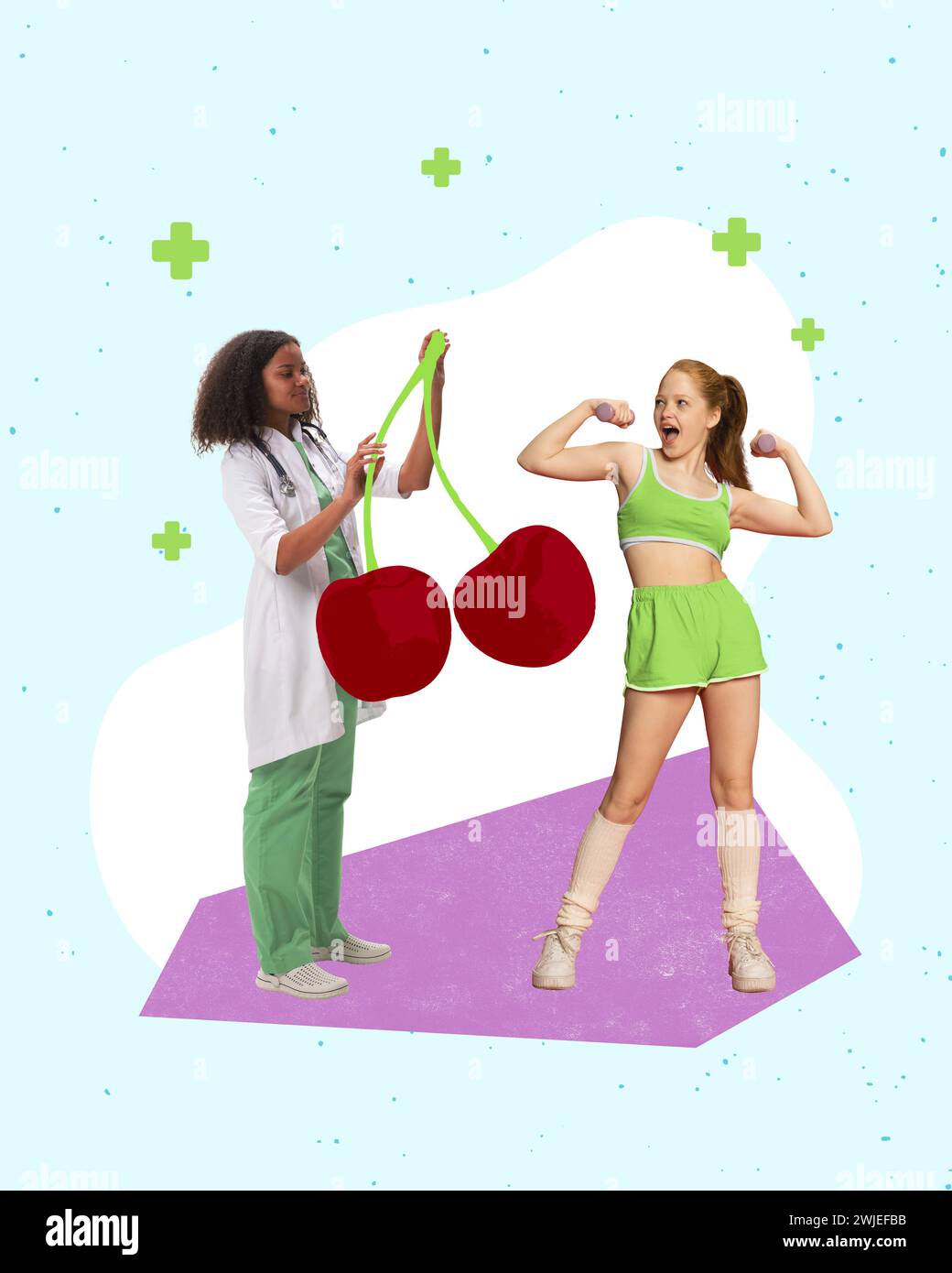 Modern aesthetic artwork. African American woman holds cherries and propose it to healthy and ...