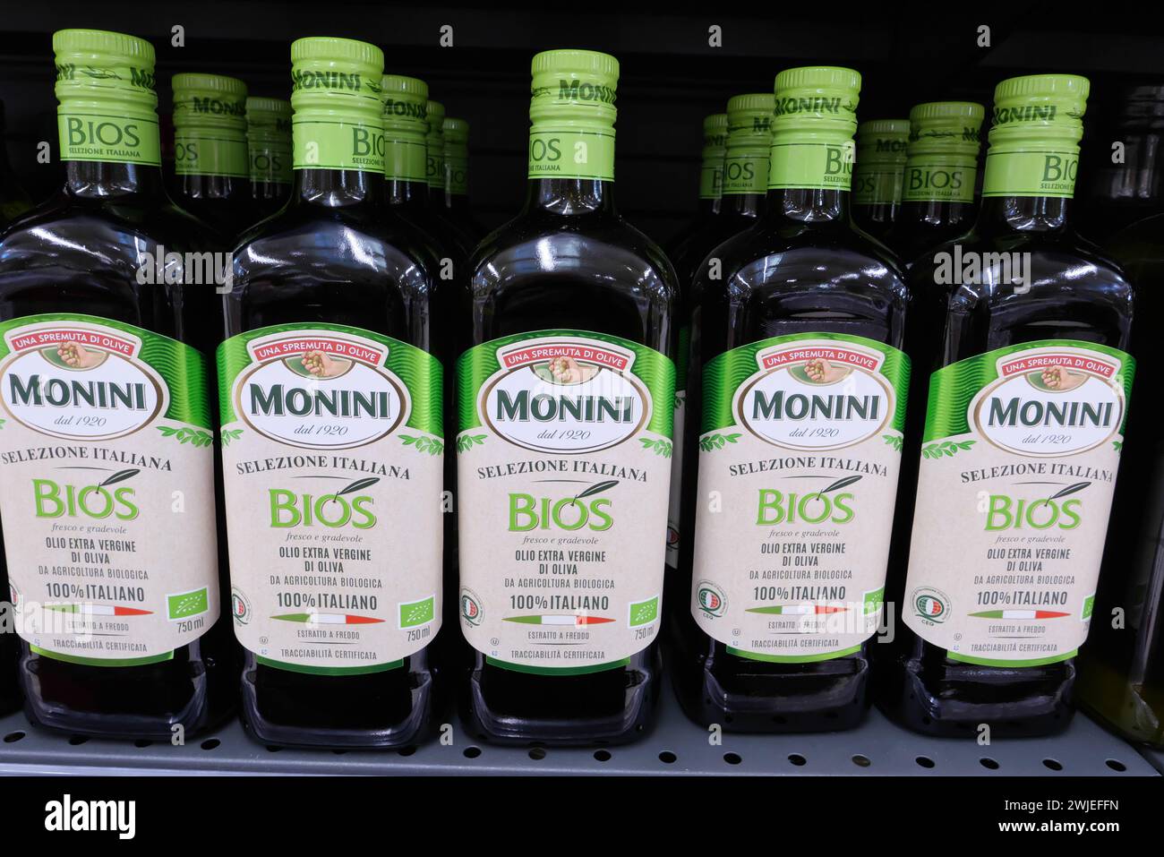 MONINI BOTTLES OF EXTRA VIRGIN OLIVE OIL ON DISPLAY INSIDE THE FOOD ...