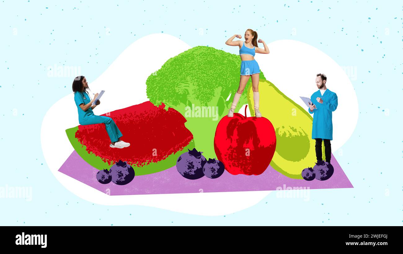 Contemporary art collage. Young, healthy and fit woman shows her ...