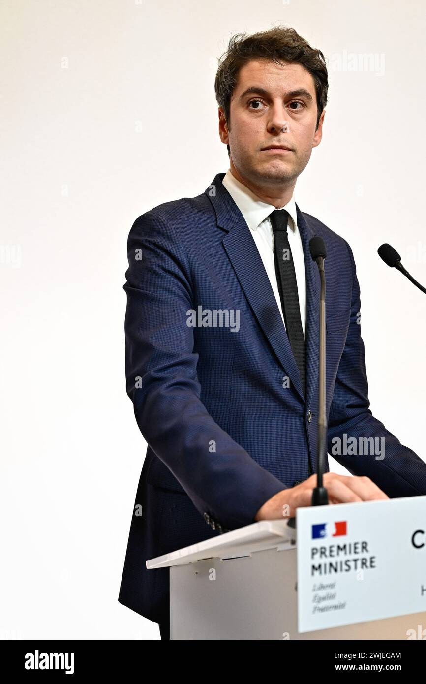 Paris, France. 14th Feb, 2024. French Prime Minister Gabriel Attal ...