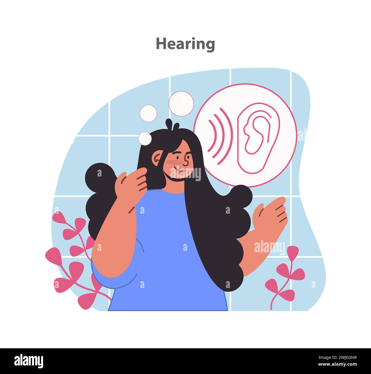 Hearing illustration. A joyful woman experiences the beauty of sound, with a visual ...