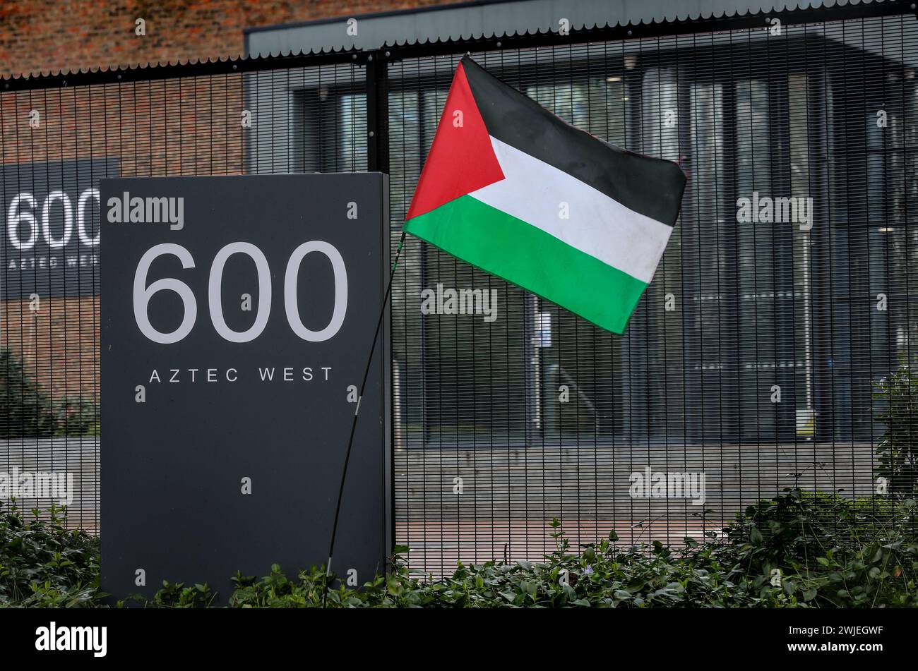 A Palestinian flag placed next to '600 Aztec West' sign outside Elbit ...
