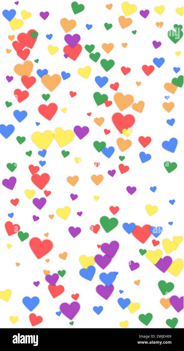 Heart confetti valentine overlay. Rainbow colored scattered hearts. LGBT valentine card. Joyfull ...