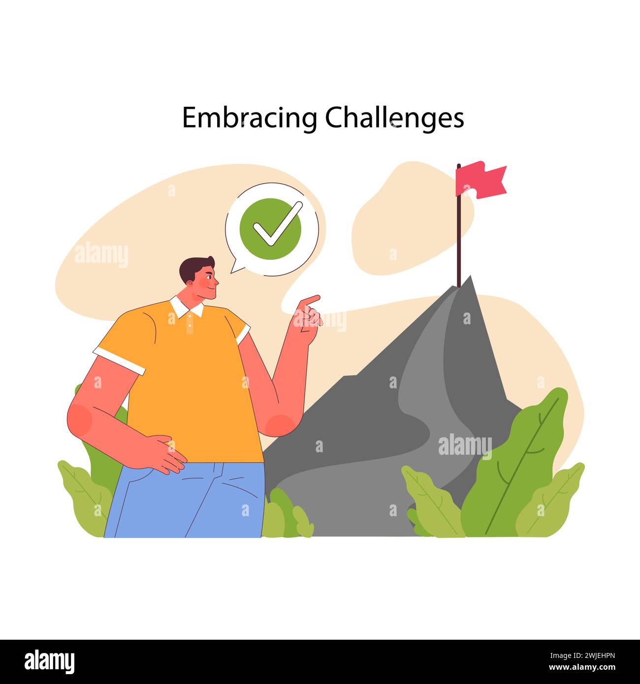 Challenge acceptance concept. Man watching confidently at mountain ...