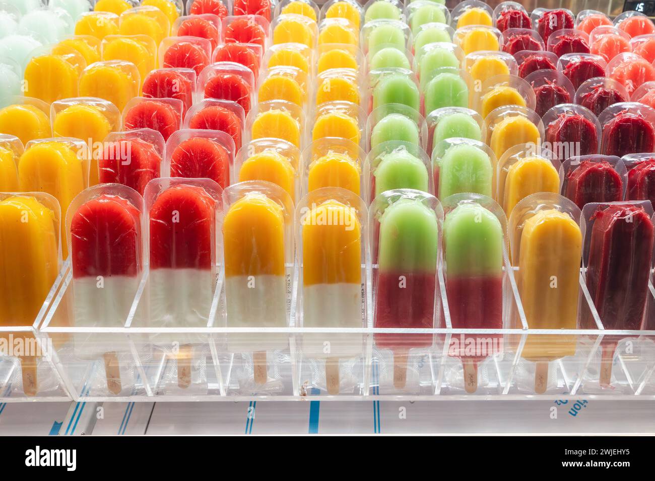 Colorful fruit popsicles, ice creams. shop selling ice cream Stock ...