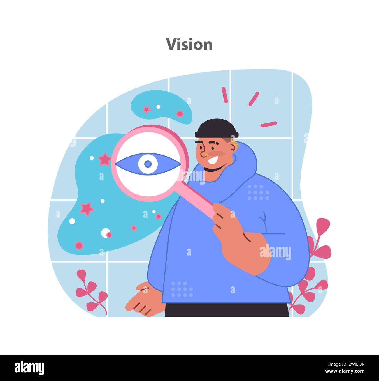 Vision illustration. A man investigates the intricacies of sight with a ...