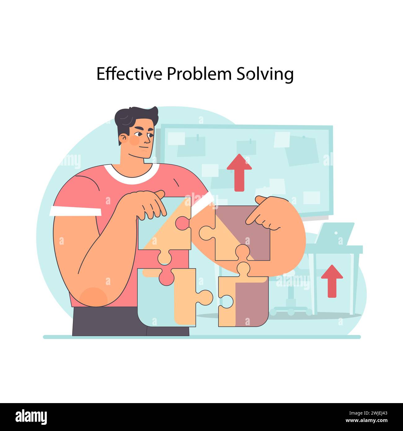Effective problem solving concept. Man does puzzles easily, improving ...