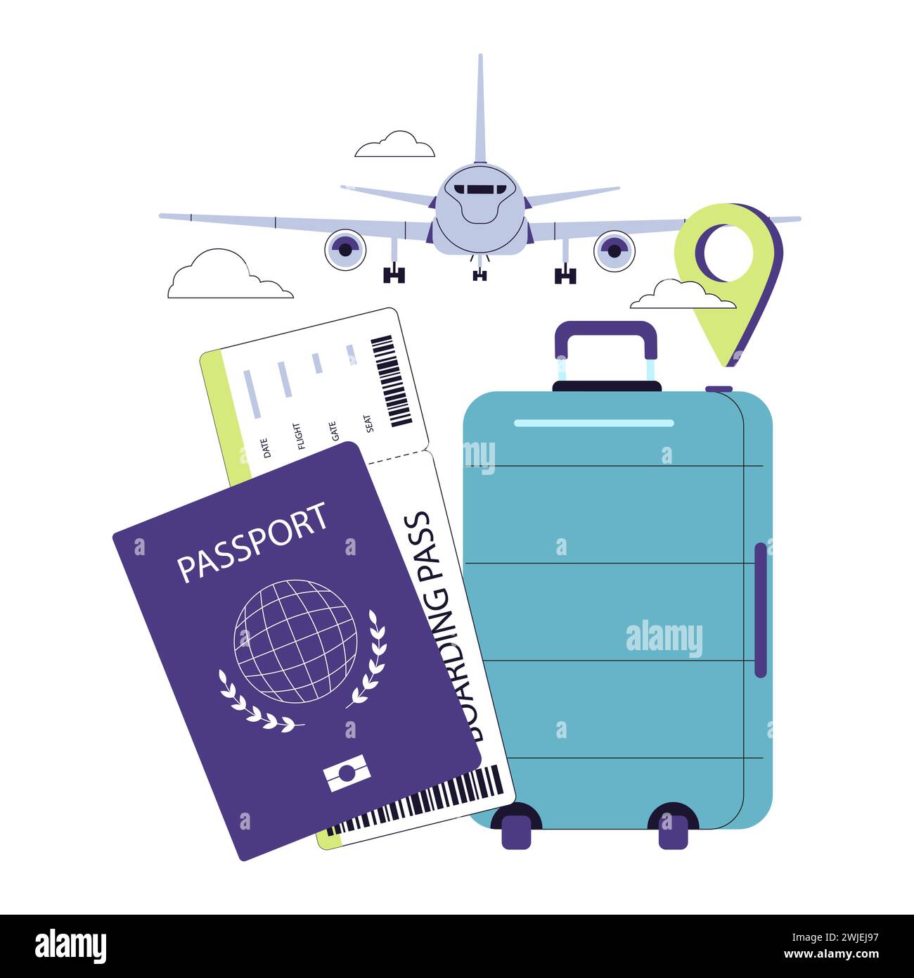 Traveling by plane. Passport, boarding pass, and luggage prepared for ...