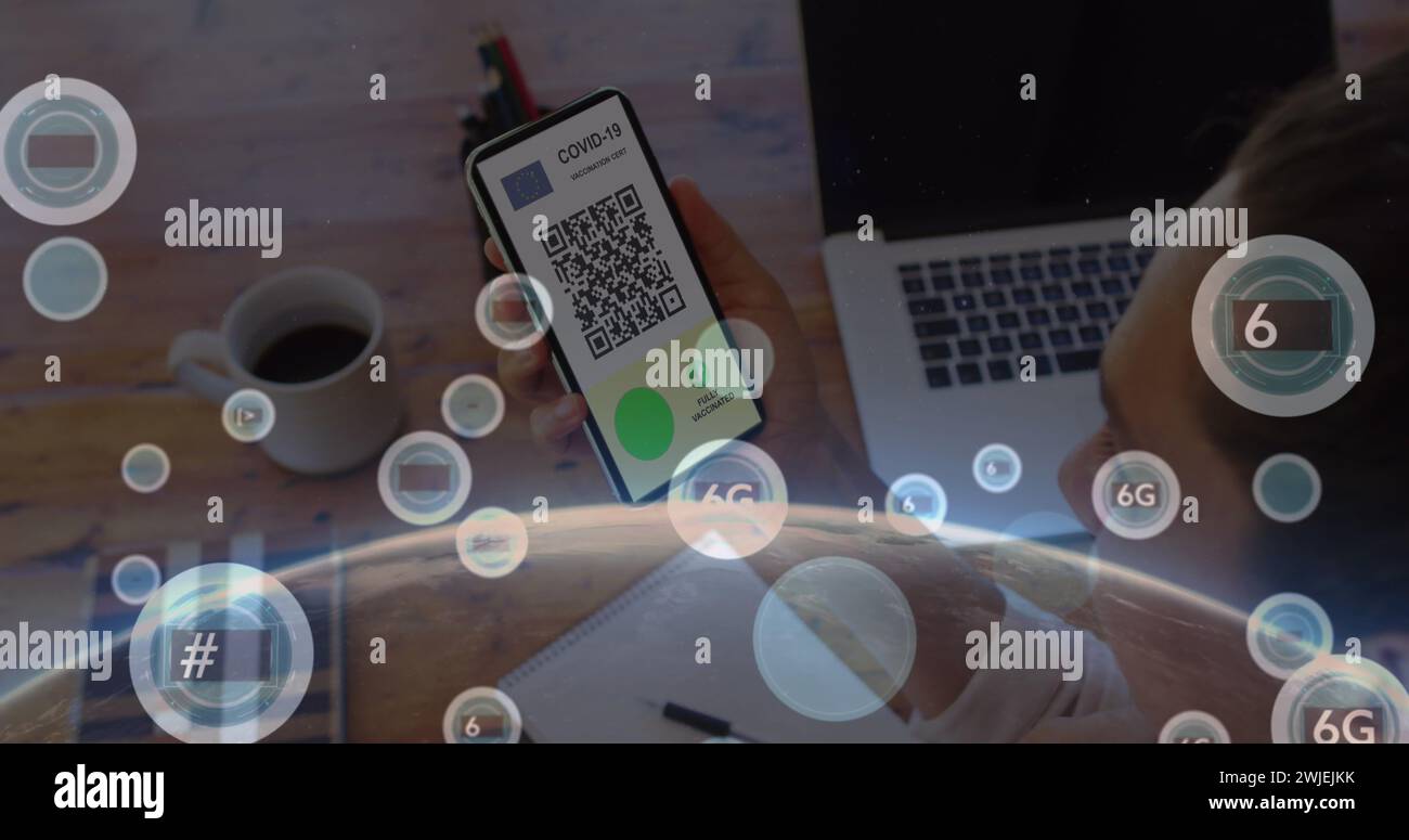 6g text on multiple round banners over woman holding a smartphone with ...