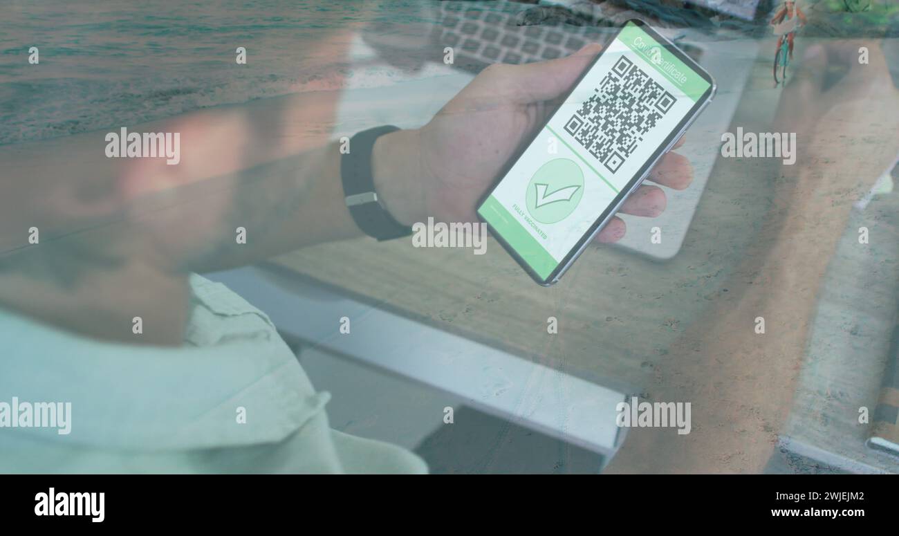 Composition of using smartphone with qr code on screen against woman ...