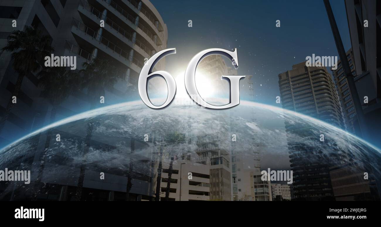 Image of 6g text, cityscape and globe. Global networks, computing ...