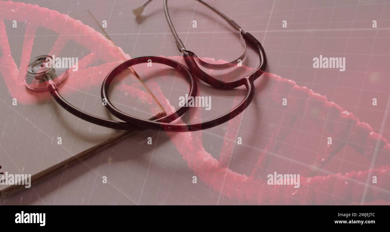 Image of scope scanning and dna strand over stethoscope Stock Photo - Alamy