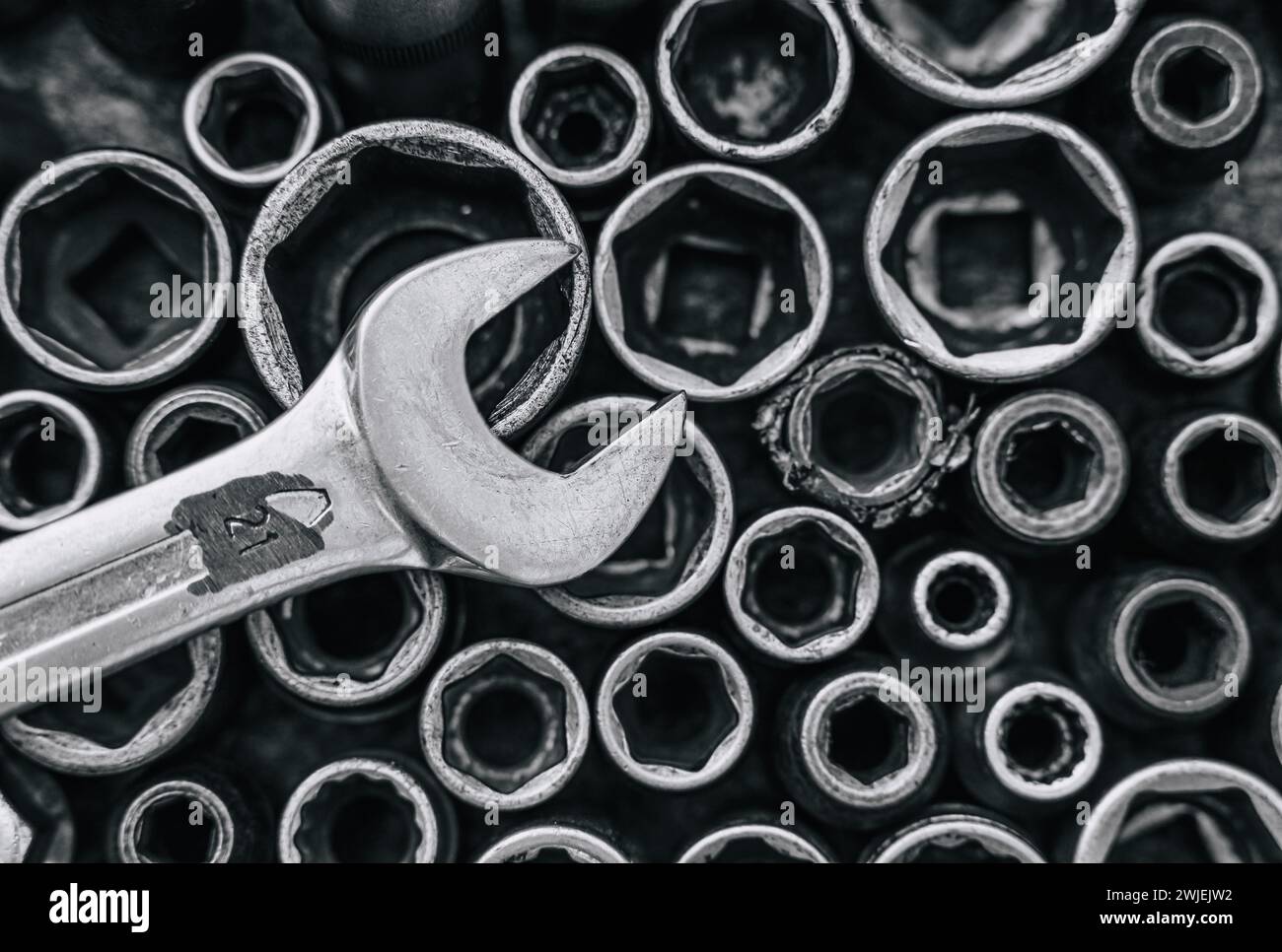 Wrench block mechanic tools service equipments socket black and white ...