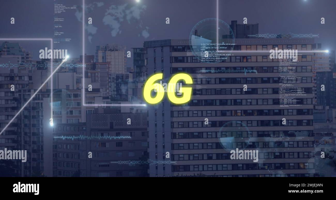 Image of 6g text, cityscape and connections Stock Photo - Alamy