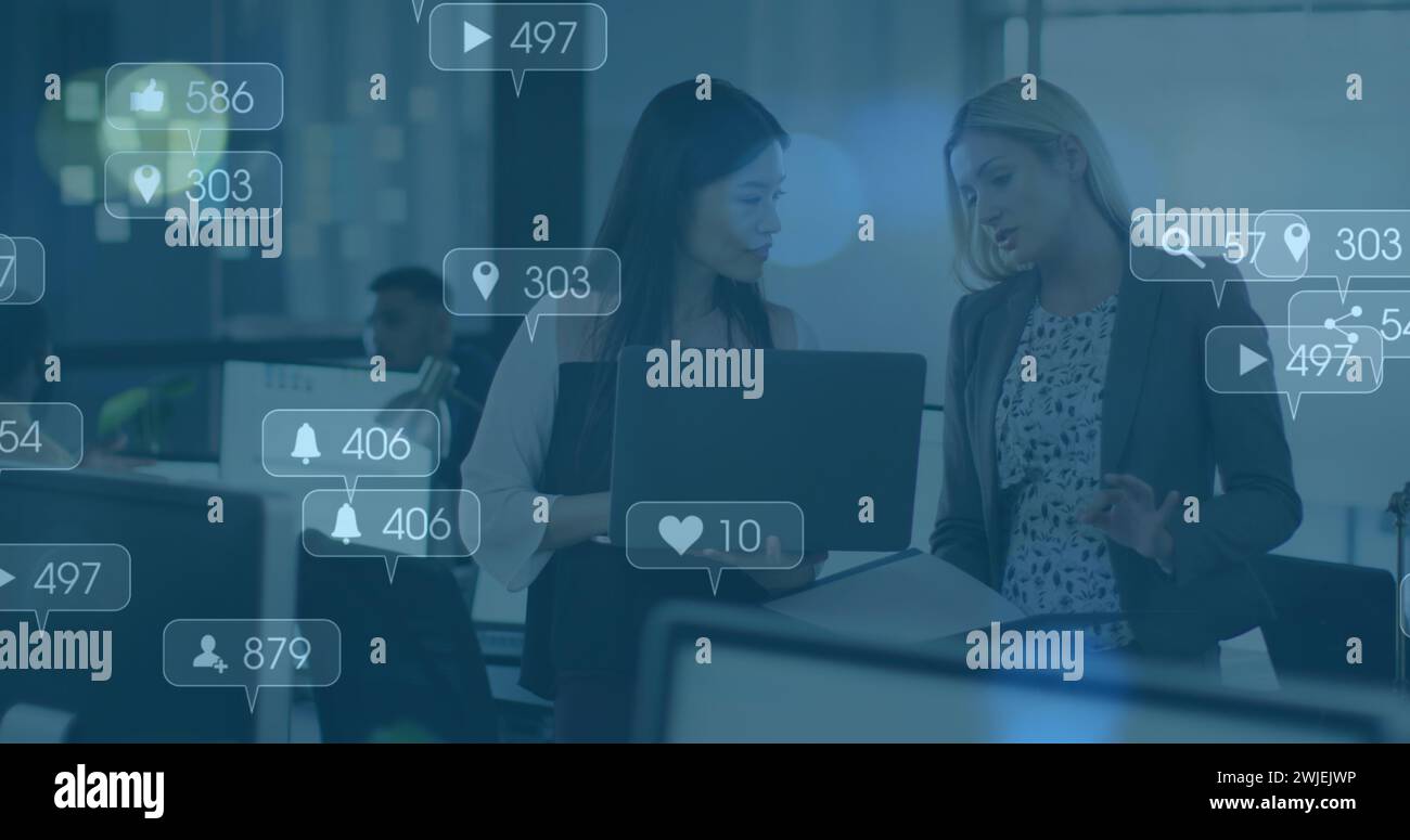 Image of data processing over diverse business people talking in office ...