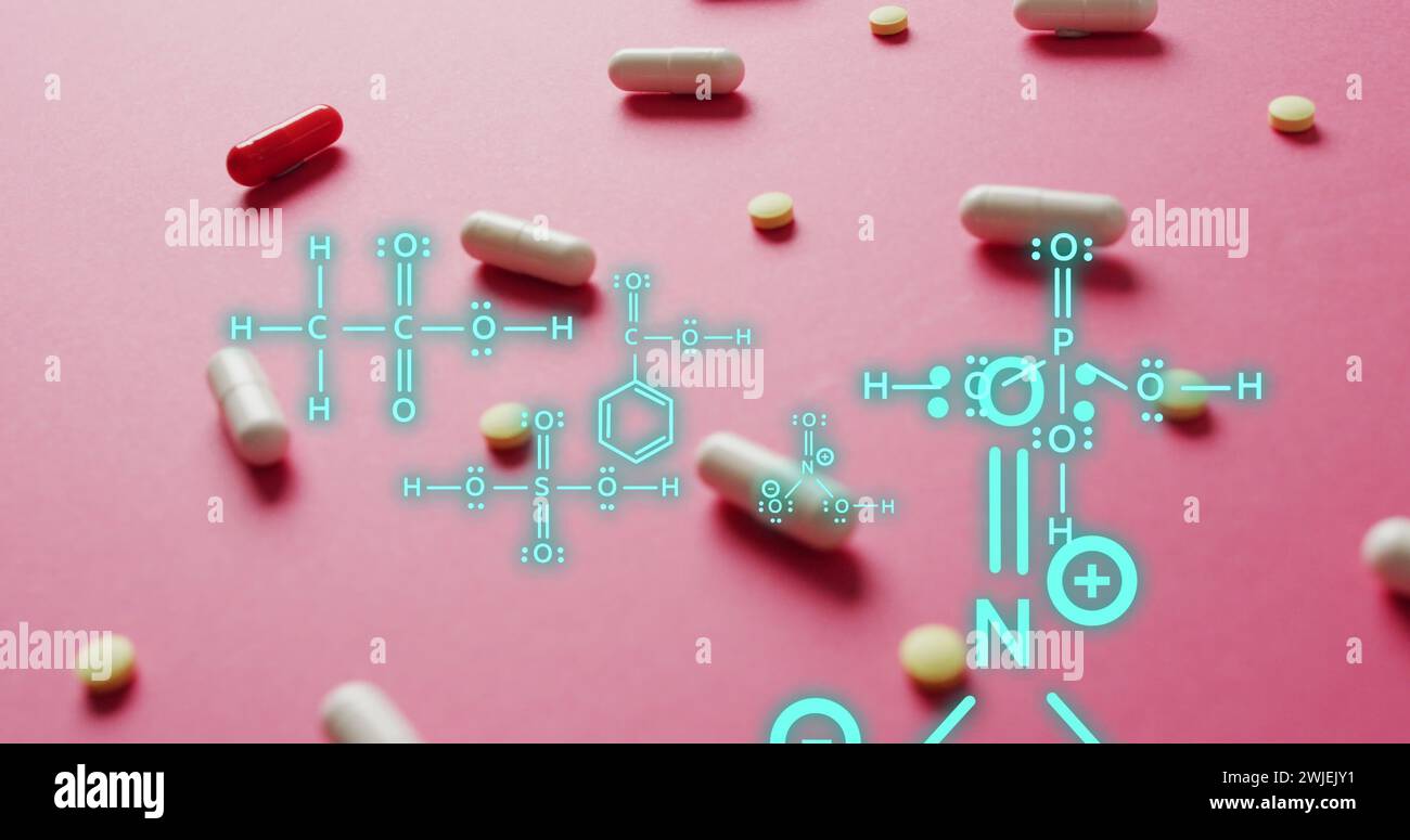 Image of chemical structures over pills Stock Photo - Alamy
