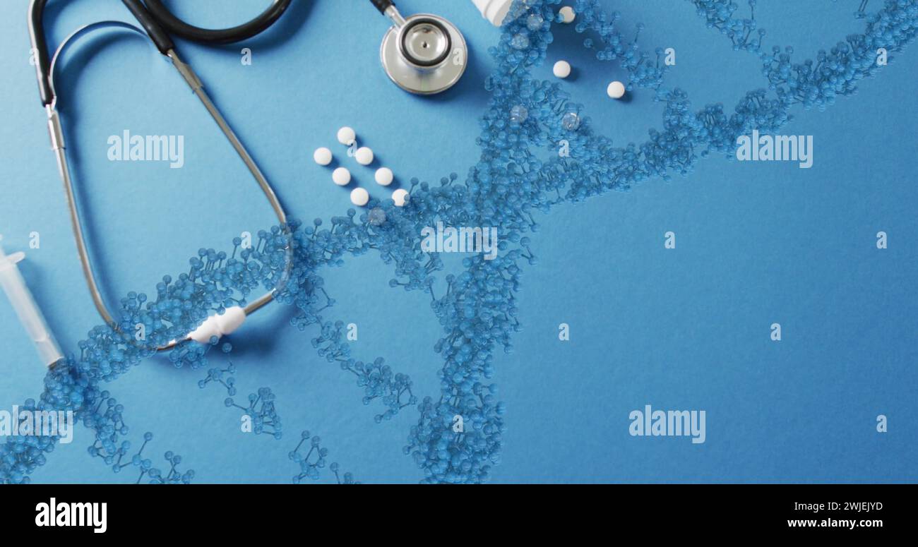Image of dna strand over pills and stethoscope Stock Photo - Alamy