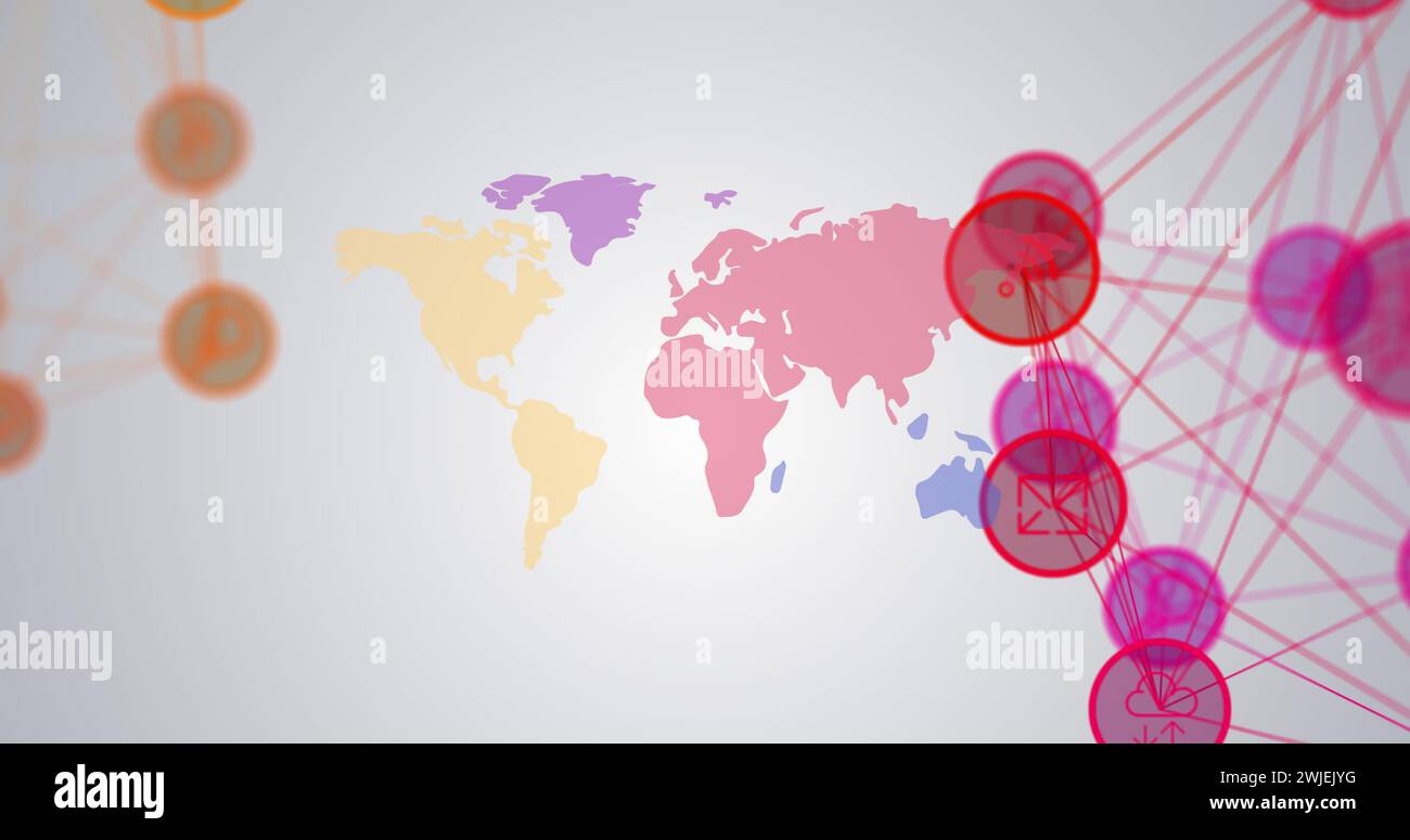 Image of digital interface with icons, world map and globes of networks ...