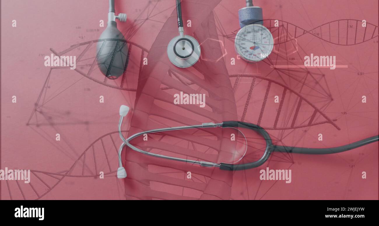 Image of chemical structures and dna strands over stethoscope and ...