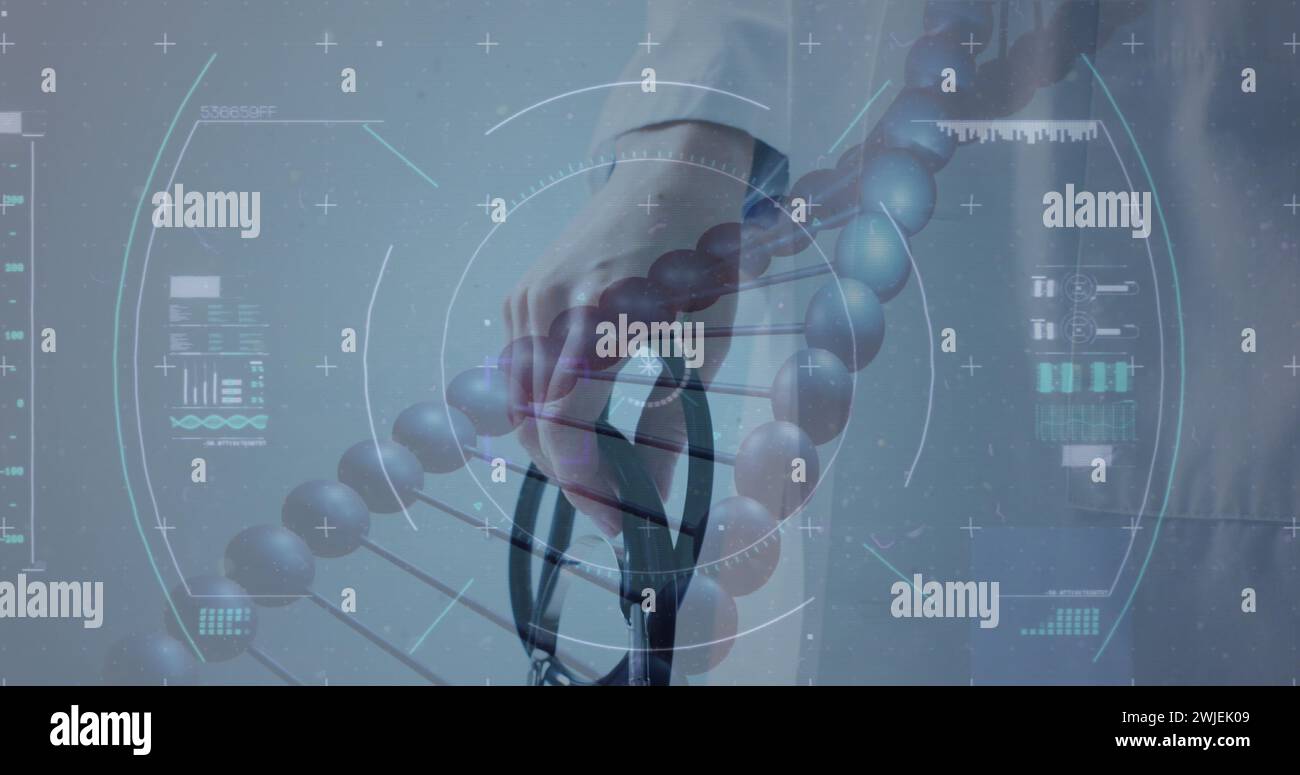 Image of dna strand and scope scanning over hand holding stethoscope ...