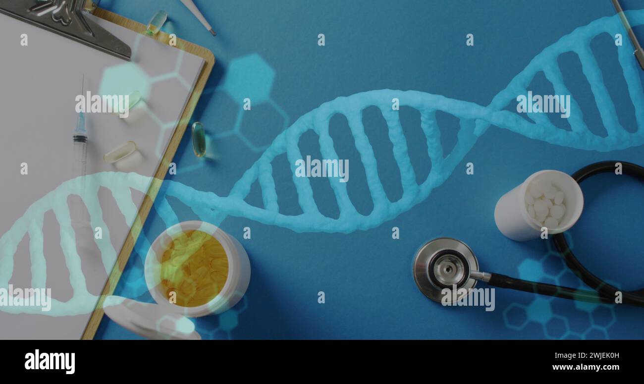 Image of dna strand and data processing over pills and stethoscope ...