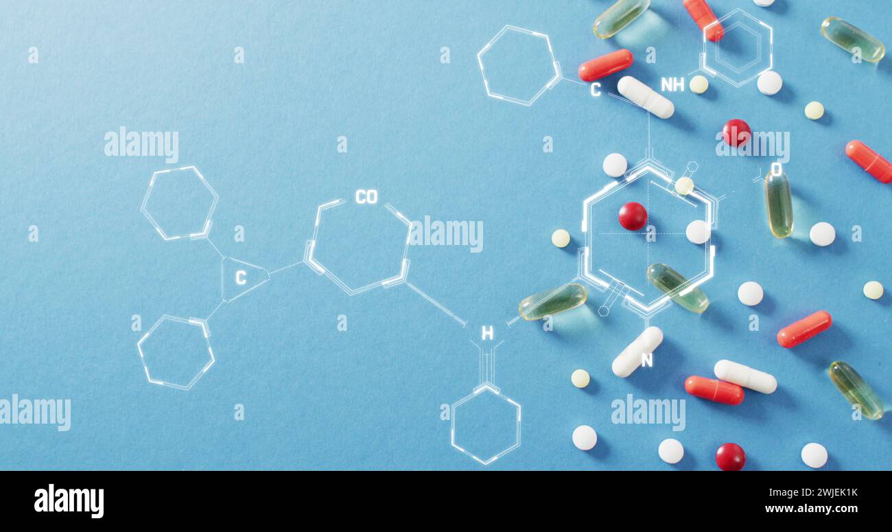 Image of chemical structures over pills Stock Photo - Alamy