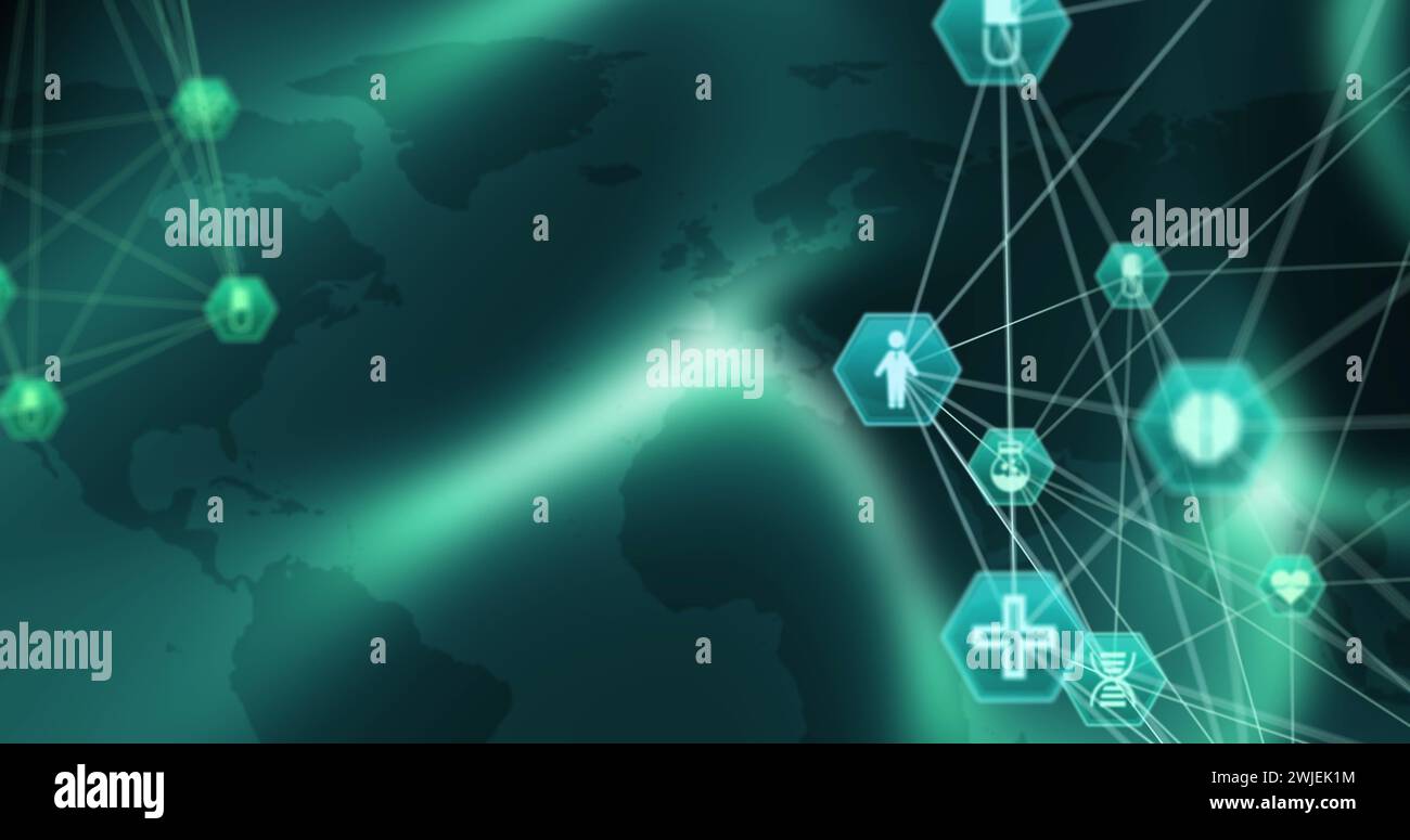 Image of digital interface with medical icons and network of ...